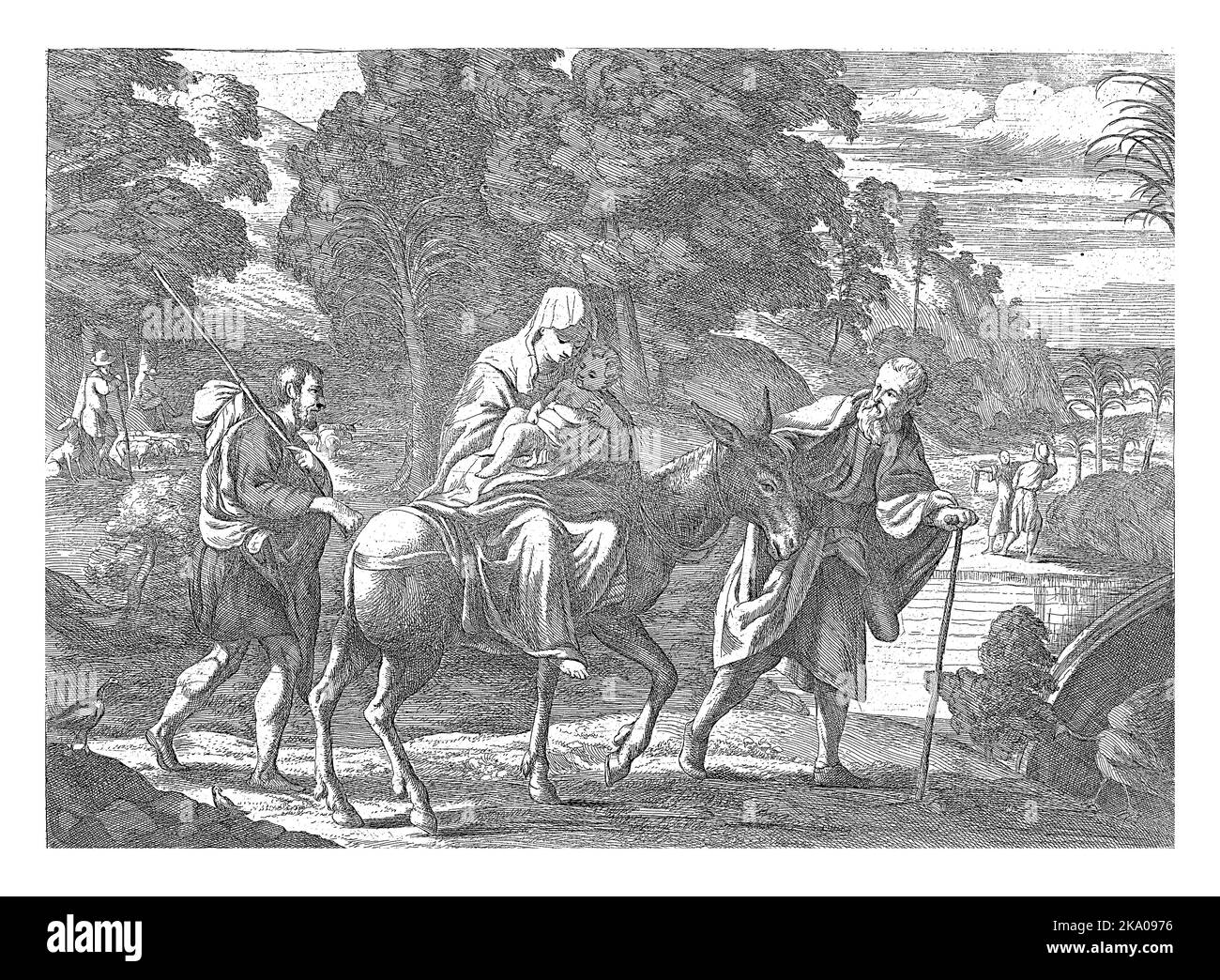 The Holy Family on the Flight into Egypt. Mary rides on a donkey with ...