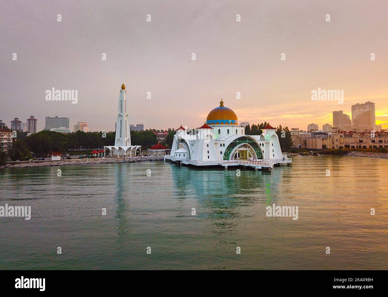 Aerial view of Majestic Malacca Straits Mosque during sunset Stock ...