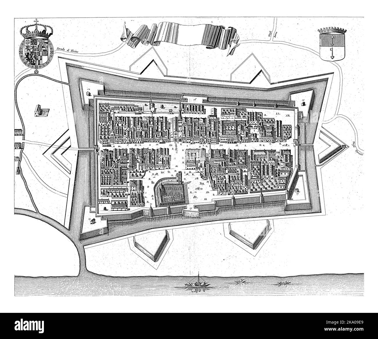 Map of Chivasso in bird's eye view. Top left the coat of arms of the ...