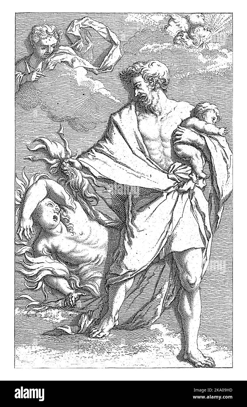 Jupiter, with a thunderbolt in his hand, holds the baby of Semele, the ...
