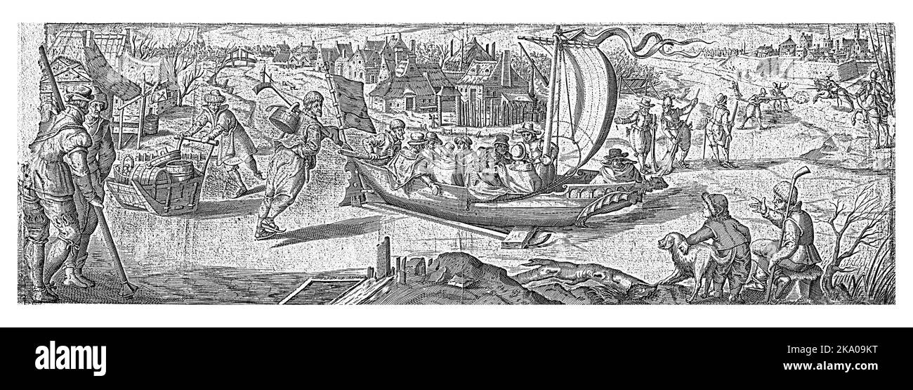 An ice barge sailing across the ice in a village, ca. 1600. Also on the ...