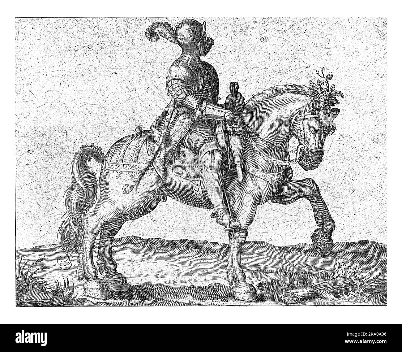 A man in armor on horseback, riding to the right, right hand on the ...