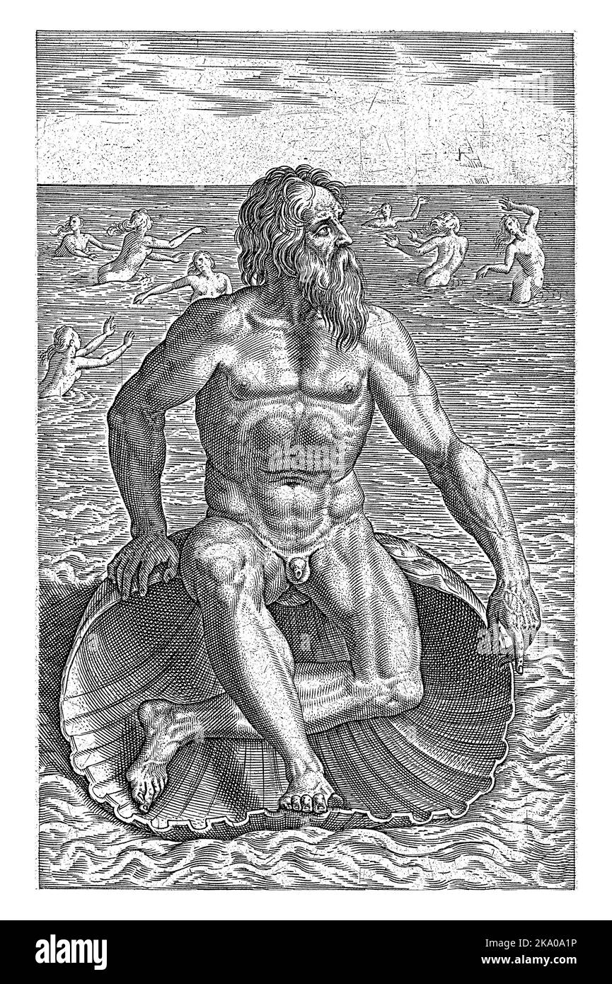 Sea god Nereus, Philips Galle, 1586. The sea god Nereus, seated on a ...