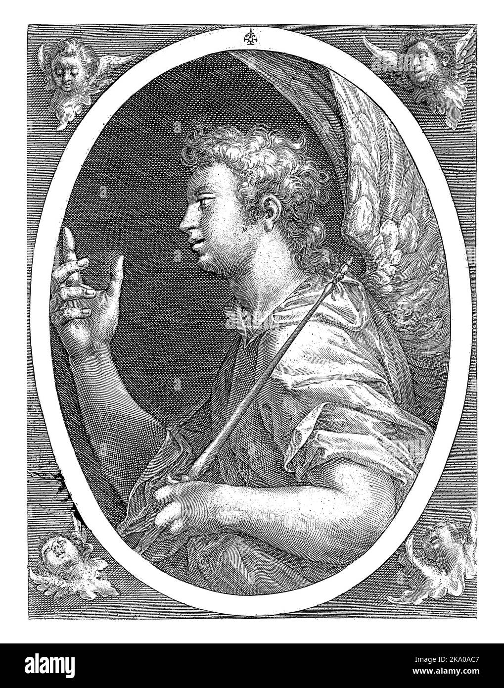 The Angel Gabriel With A Staff In His Hand The Scene Is Set In An Oval Frame With An Edge
