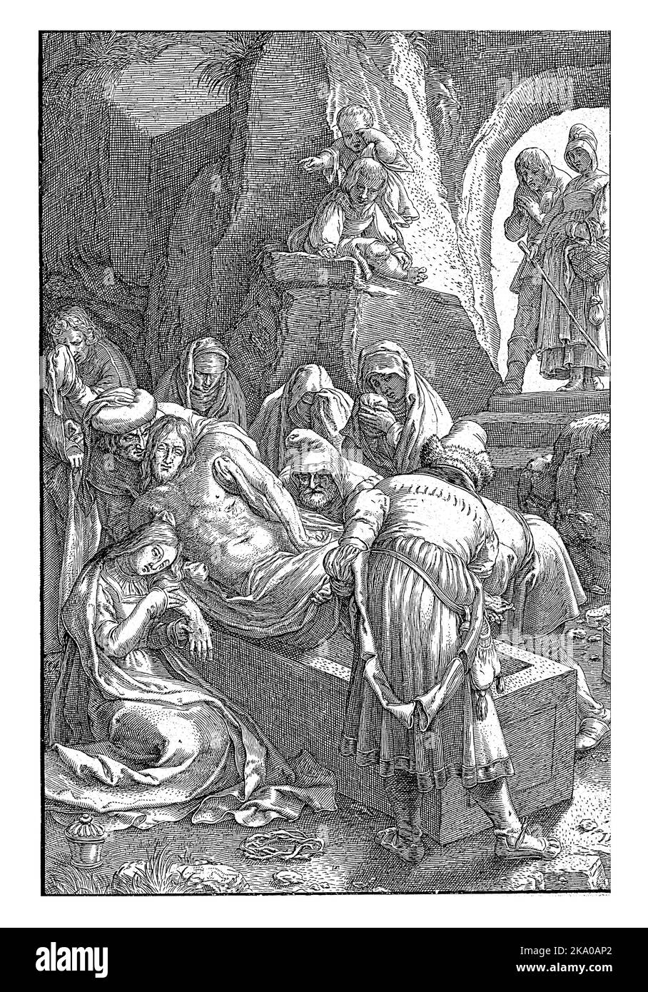 Christ is placed in a tomb in a cave by a number of men. The Marys and ...