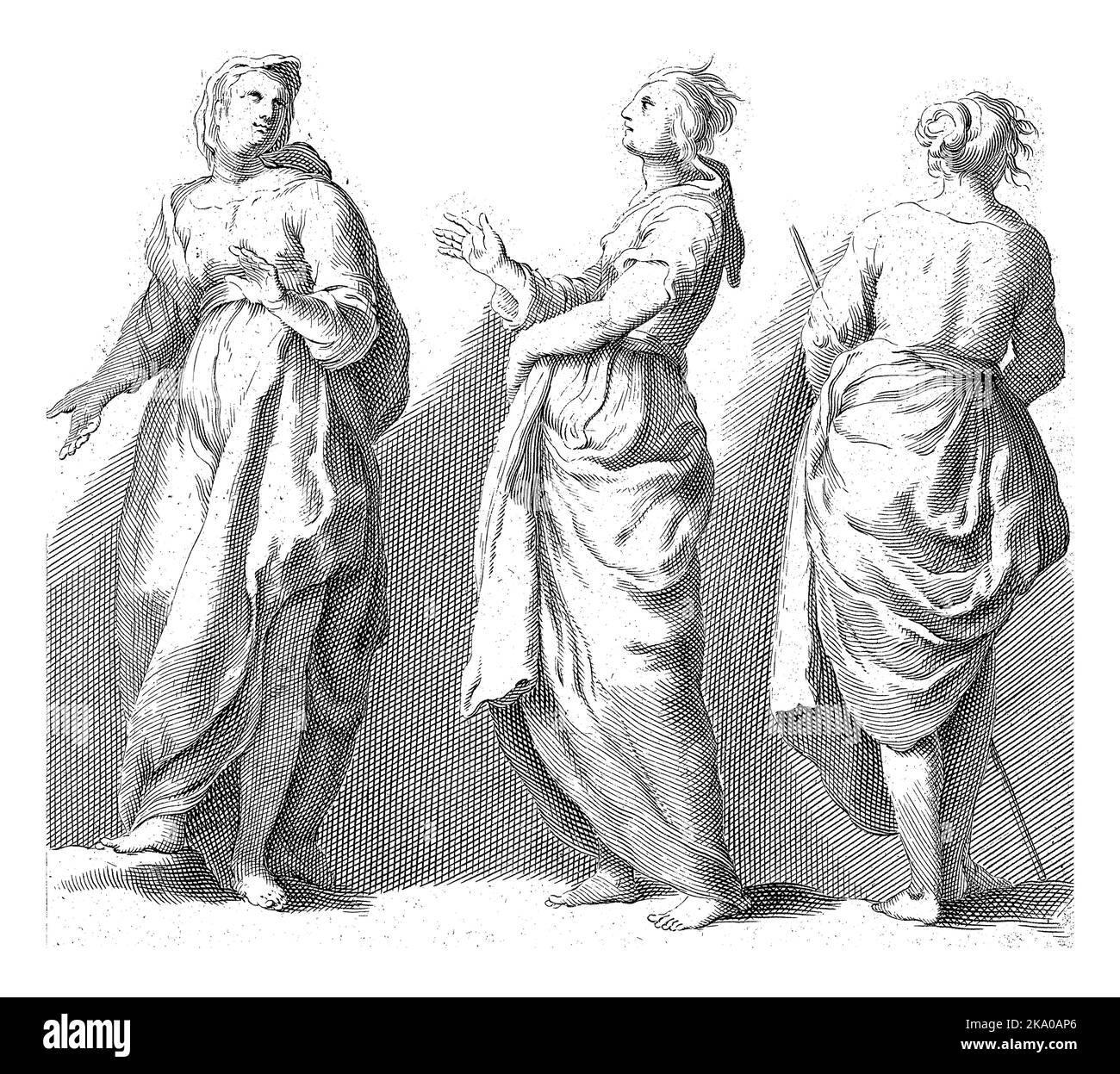 Three dressed women: seen from the back, side view and front view. Copy ...