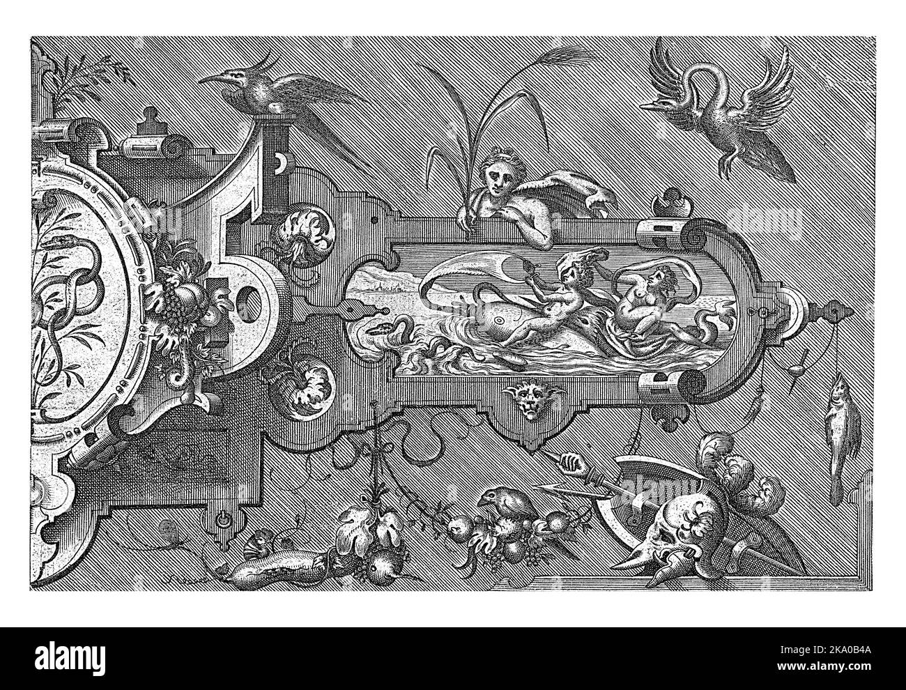 To the right of the scroll work is a representation of a man and a ...