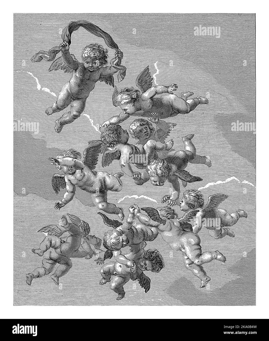 Flying putti in the sky. Print from a series of the four elements Stock ...