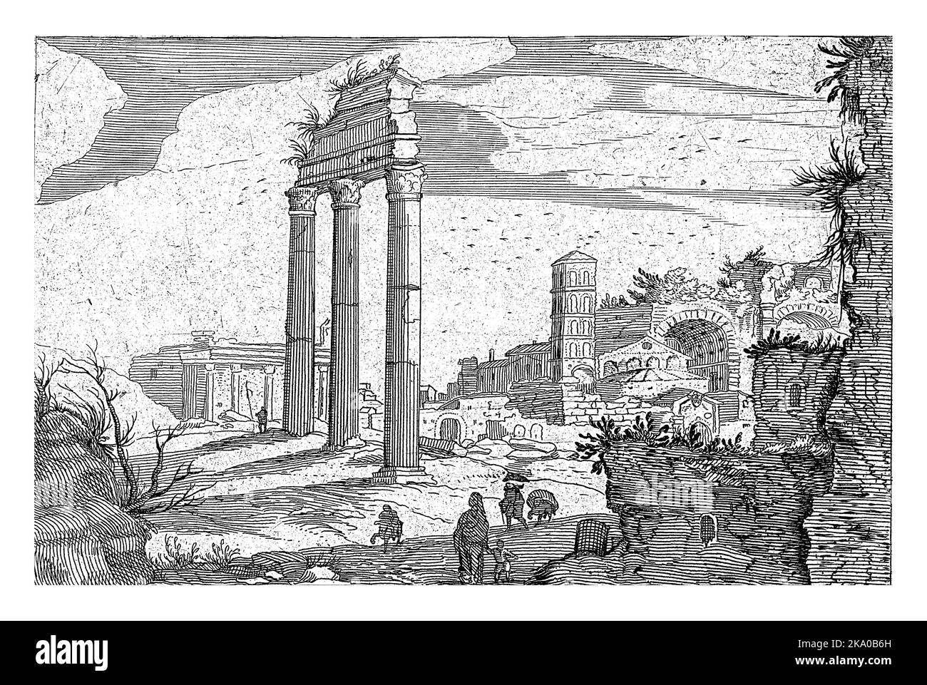 The three columns of the Temple of Castor and Pollux and on the right ...