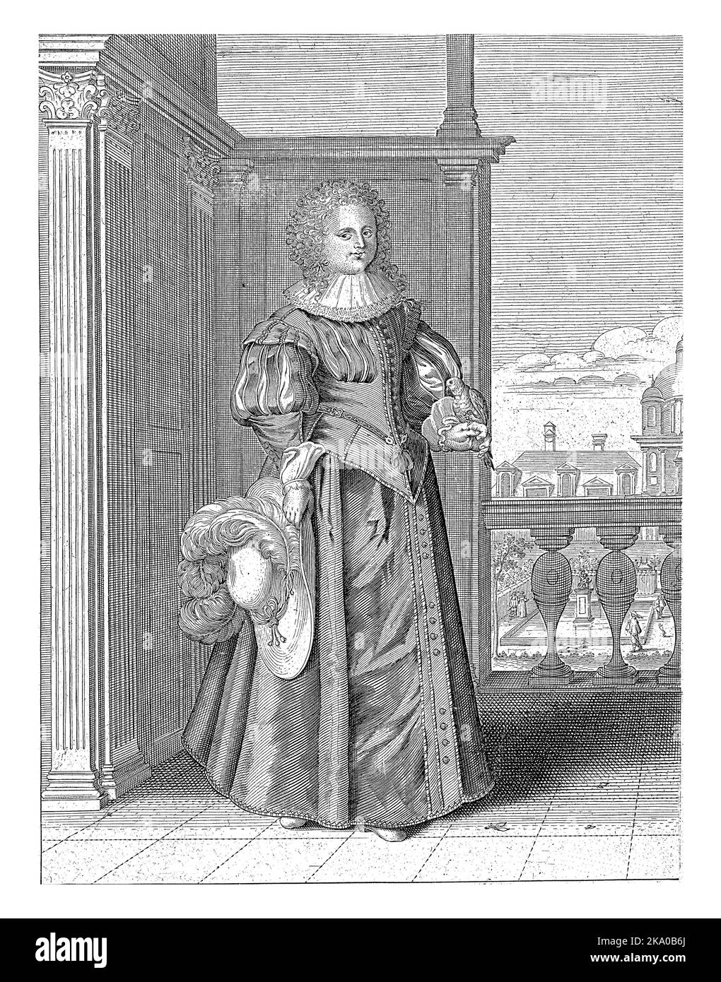 Falconer, standing on a platform, turned to the right. Hat with feather ...