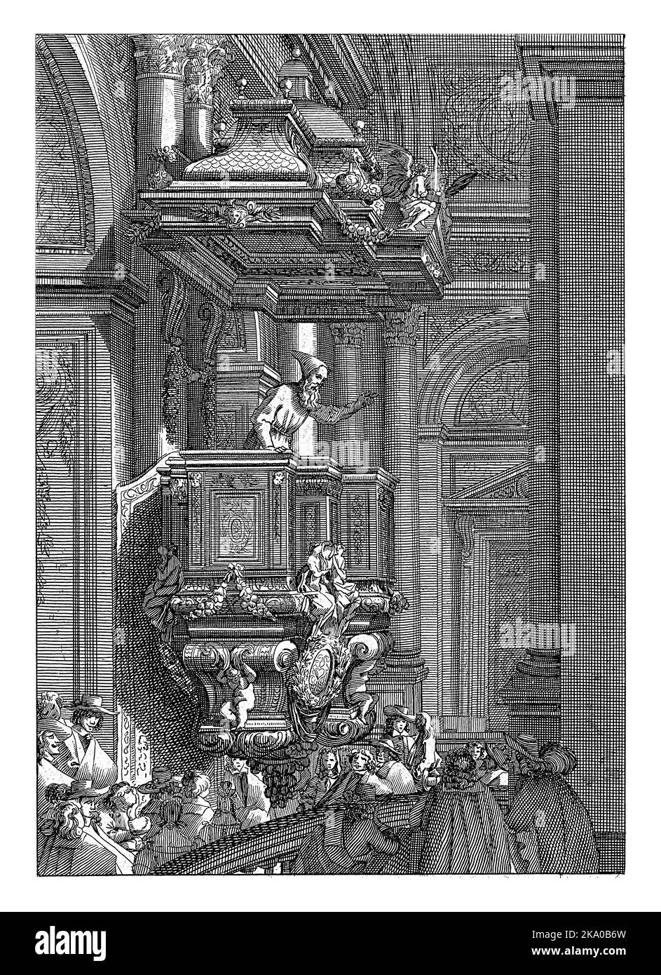A preacher stands on the left in a pulpit or pulpit. Under the pulpit ...