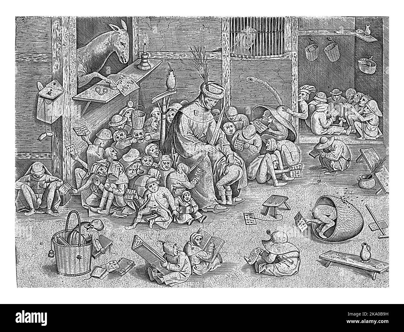 Schoolroom with a master beating a child. Around this are children ...