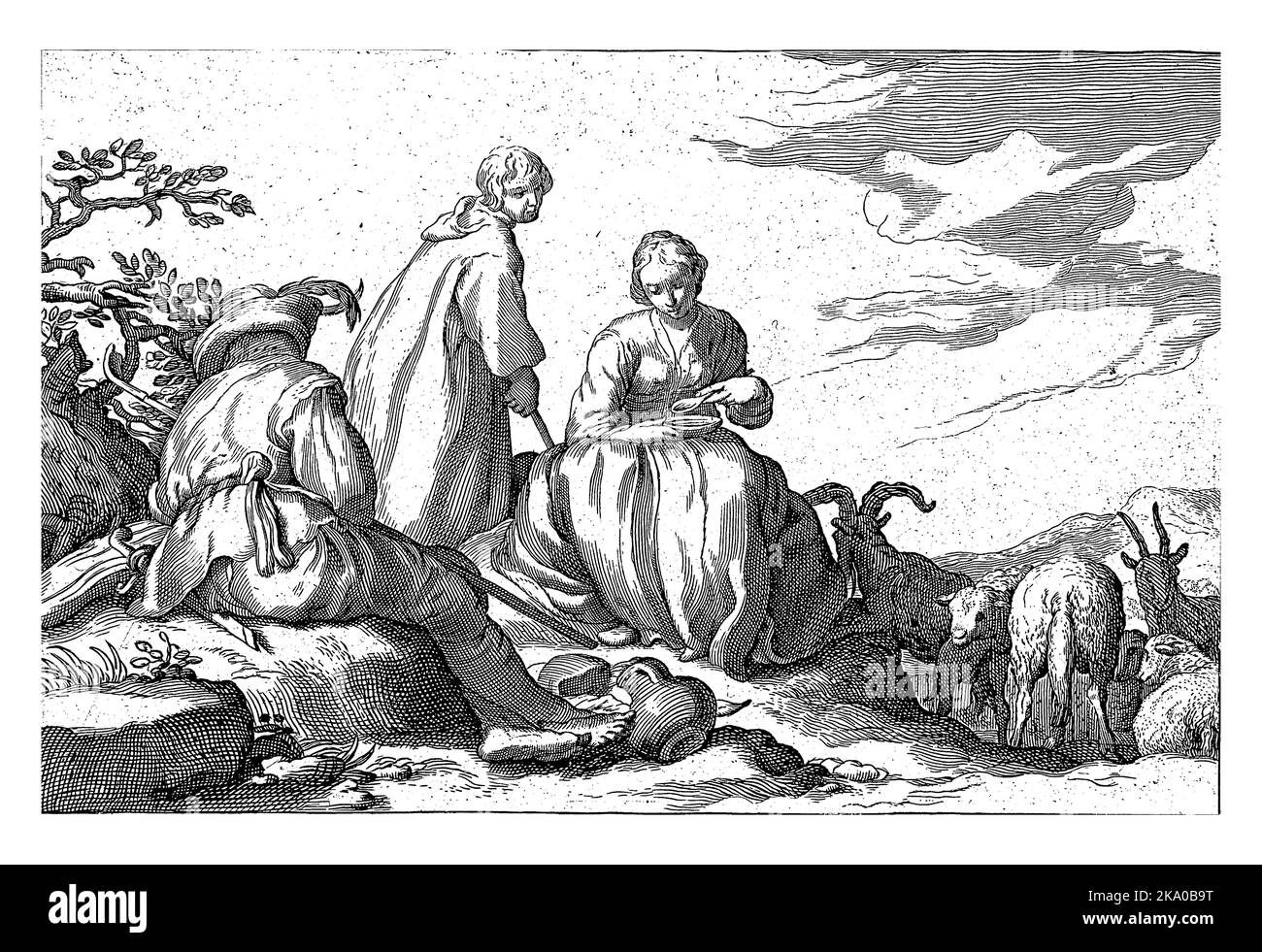 Three shepherds rest to eat. A woman sits on a stone, with a spoon in ...