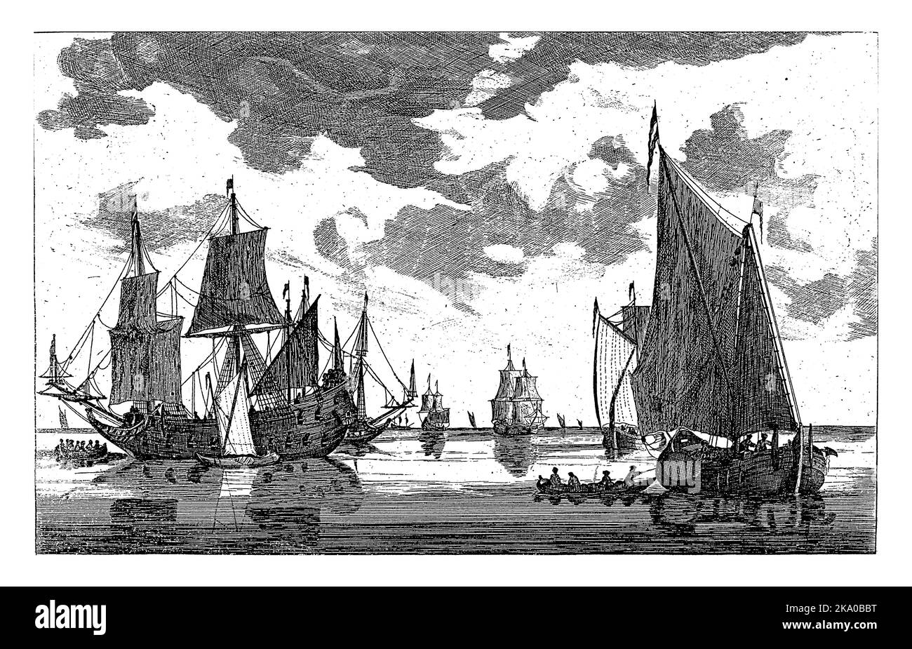 On the left a warship with a small sailing ship and a sloop alongside ...