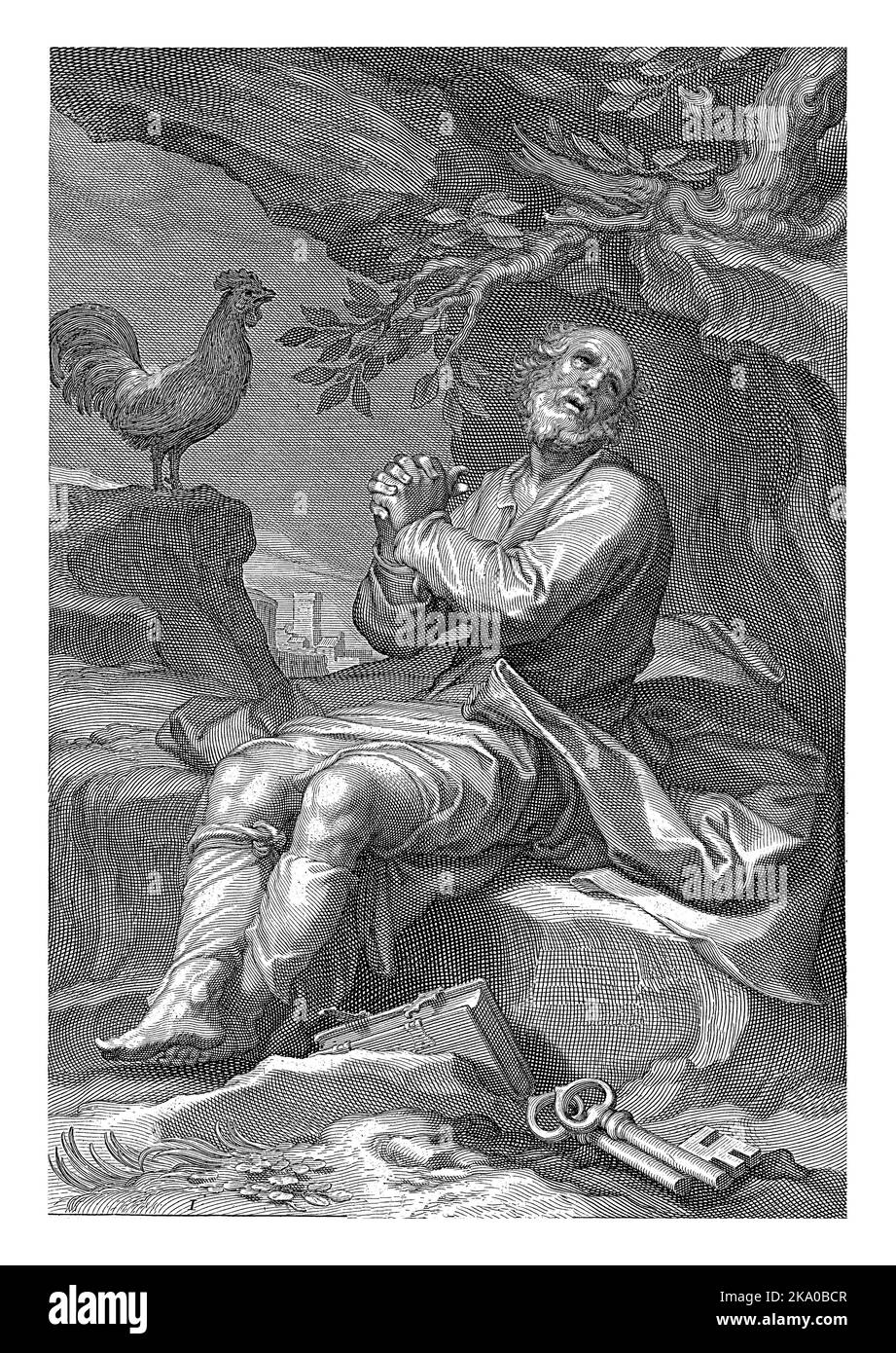 Peter sits with folded hands on a rock under a tree. In front of him ...