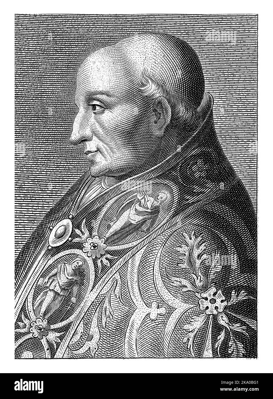 Portrait bust of Pope Adrian VI wearing a richly decorated cloak. Below ...