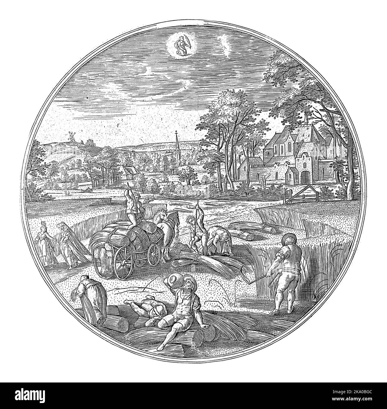 Round frame with summer landscape with summer scenes. August is the ...