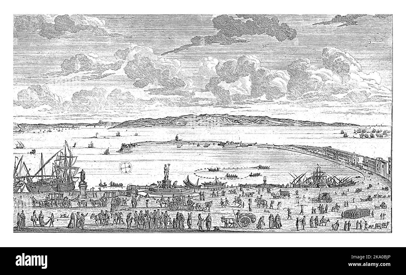 View of a quay in Messina, Sicily. In the center a fountain with a ...