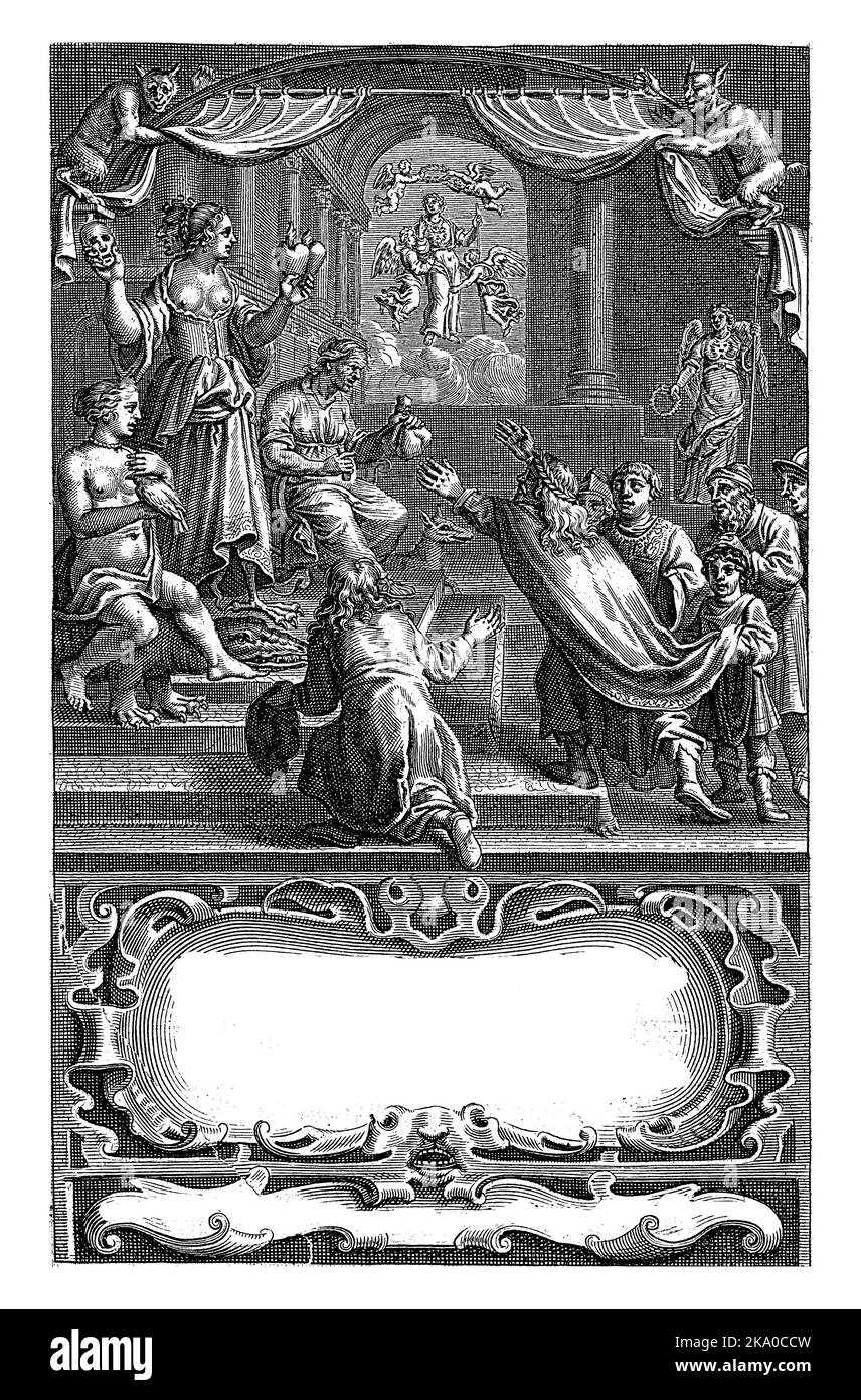 Elevation showing a woman in two minds. In her hands a burning heart ...