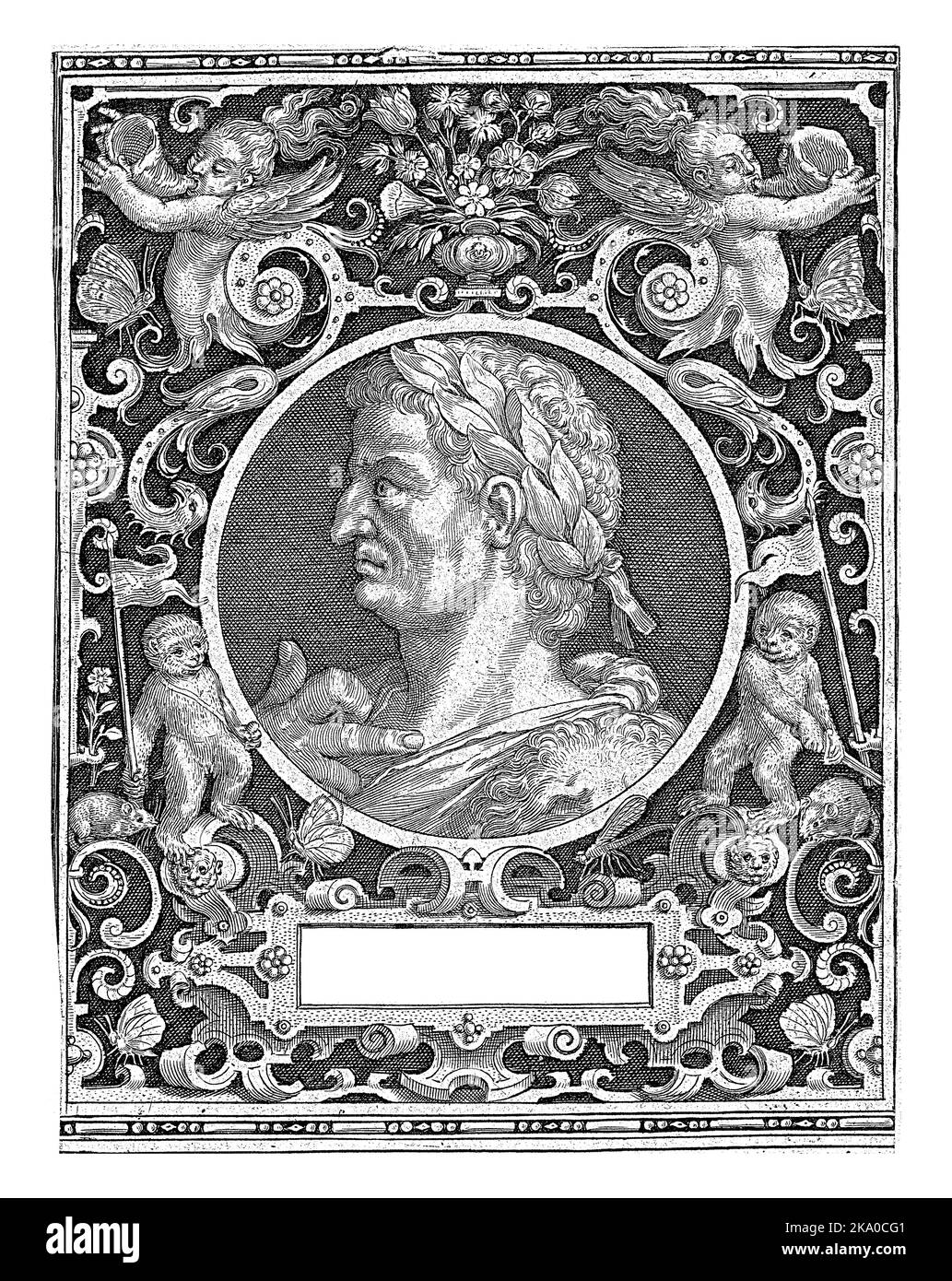 Portrait of Julius Caesar as an ancient general in a medallion within a ...