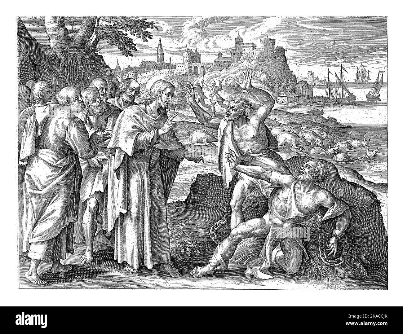 Two men, possessed by devils, beg Christ and his apostles for help ...