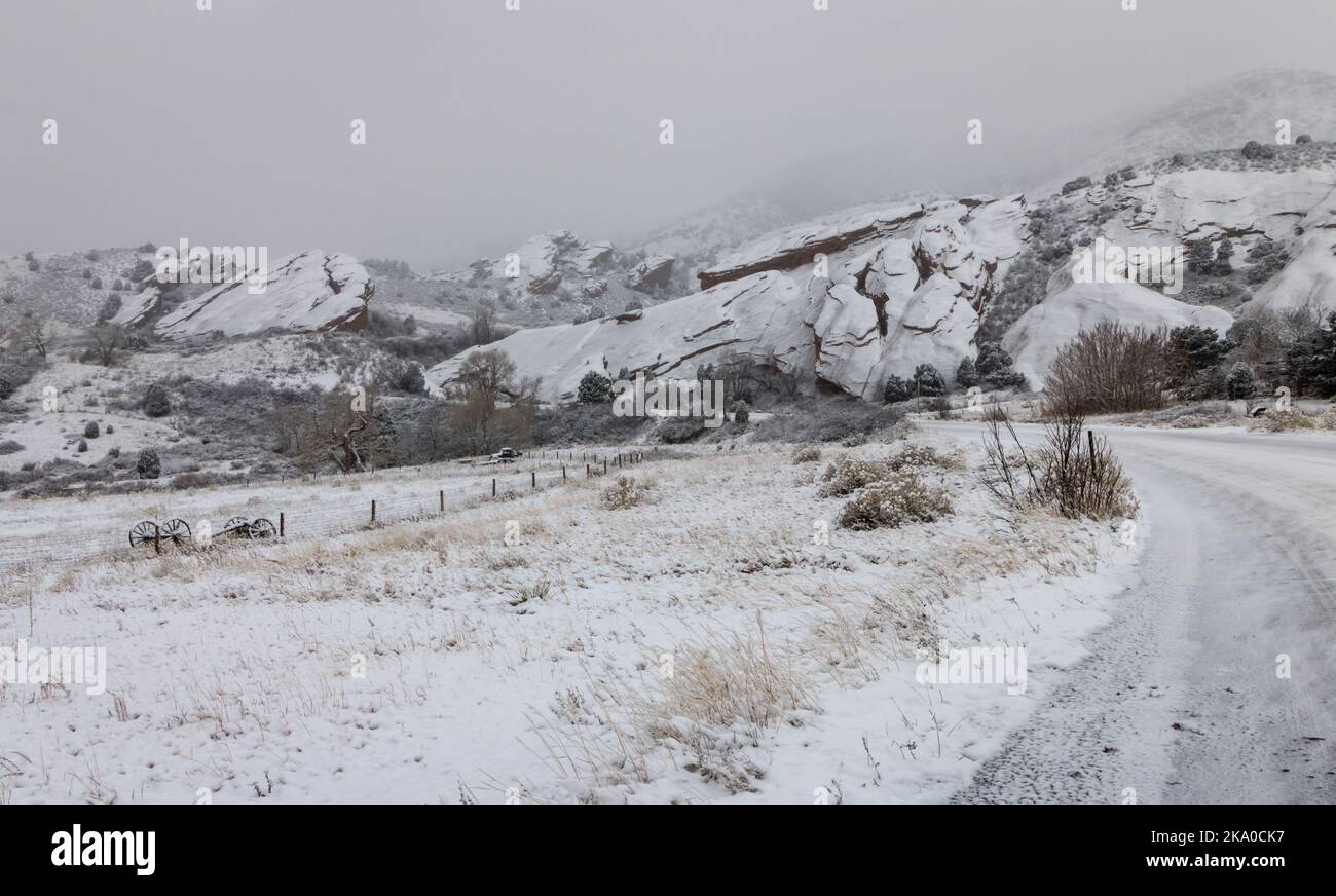 Snowy blizzard scene in Red Rocks Park and Amphitheatre park area ...