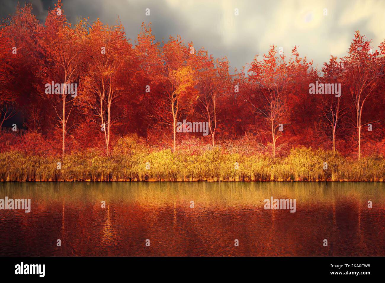Autumn trees with red falling leaves in late autumn, trees with brown ...