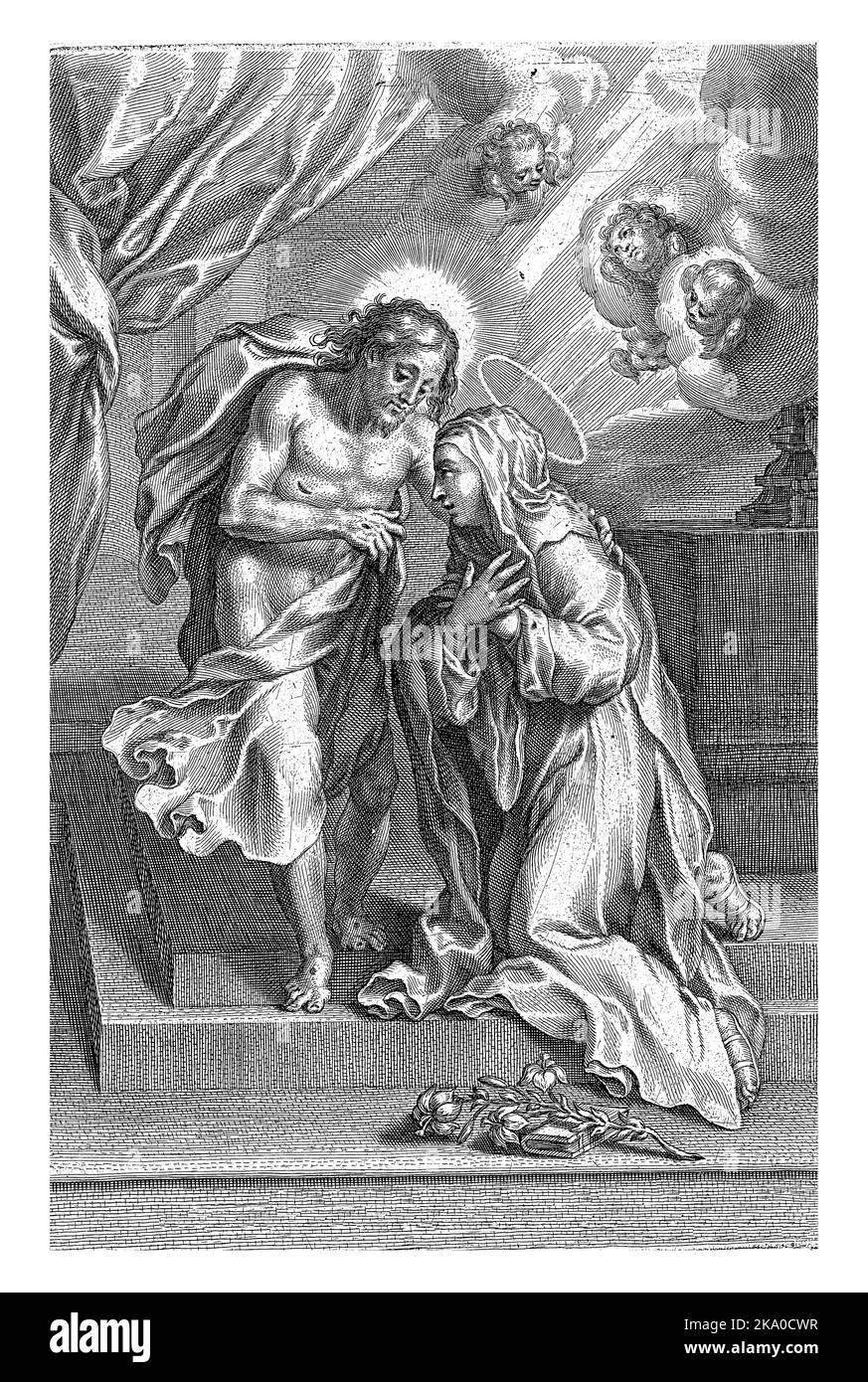 Saint Catherine of Siena kneels before Christ, her hands crossed over ...