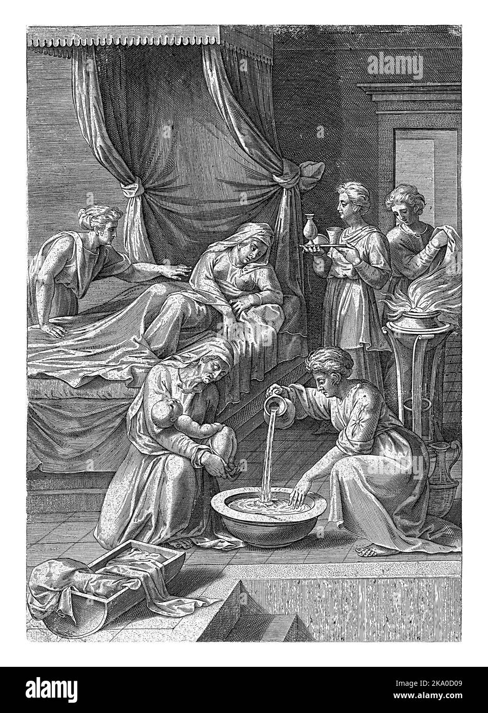 Birth of the Virgin Mary. On the left is Saint Anna in childbirth. In ...