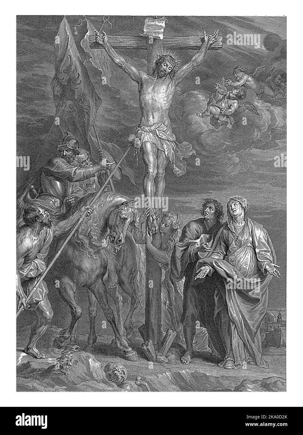 Christ on the cross, with Mary, John, Mary Magdalene and soldiers. In ... Christ on the cross, with Mary, John, Mary Magdalene and soldiers. In ...