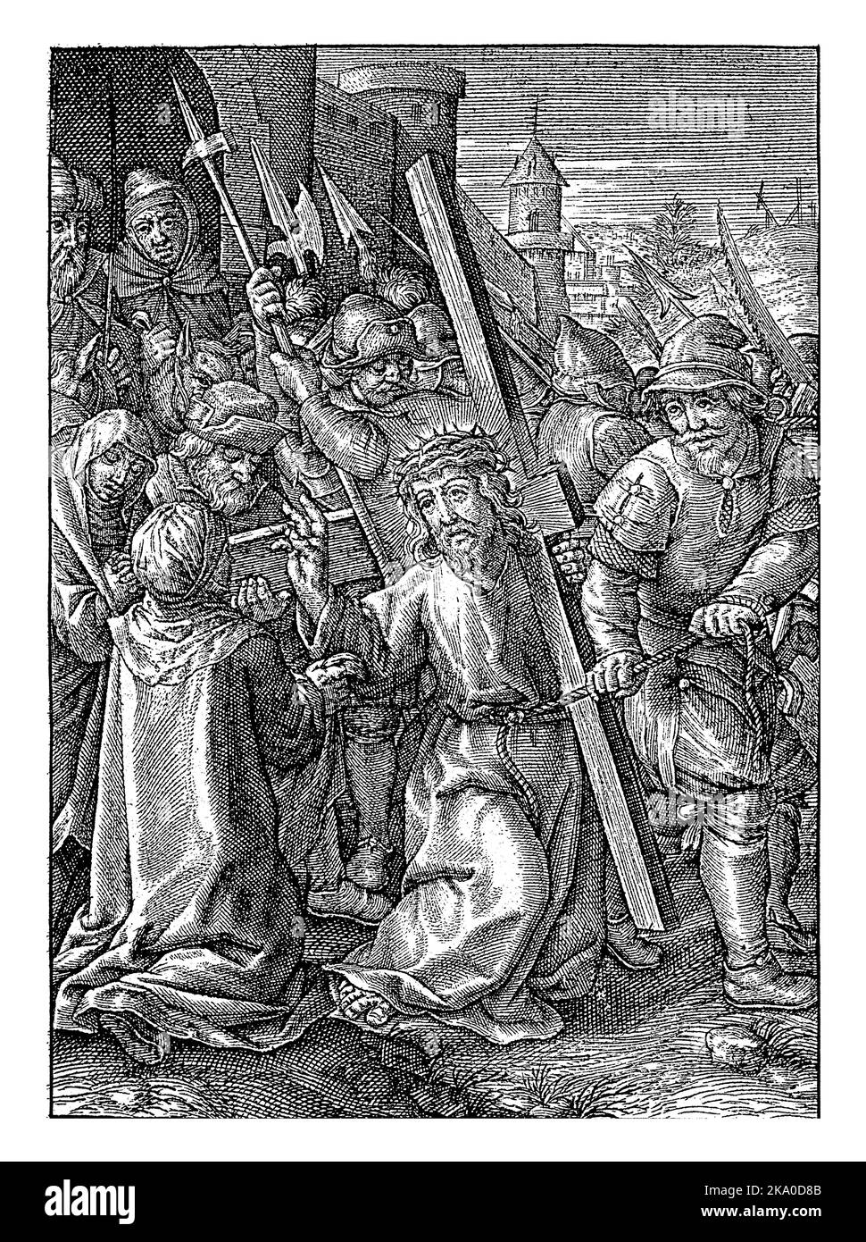 Carrying the Cross, Hieronymus Wierix, 1563 - before 1619 Christ falls while carrying the cross ...