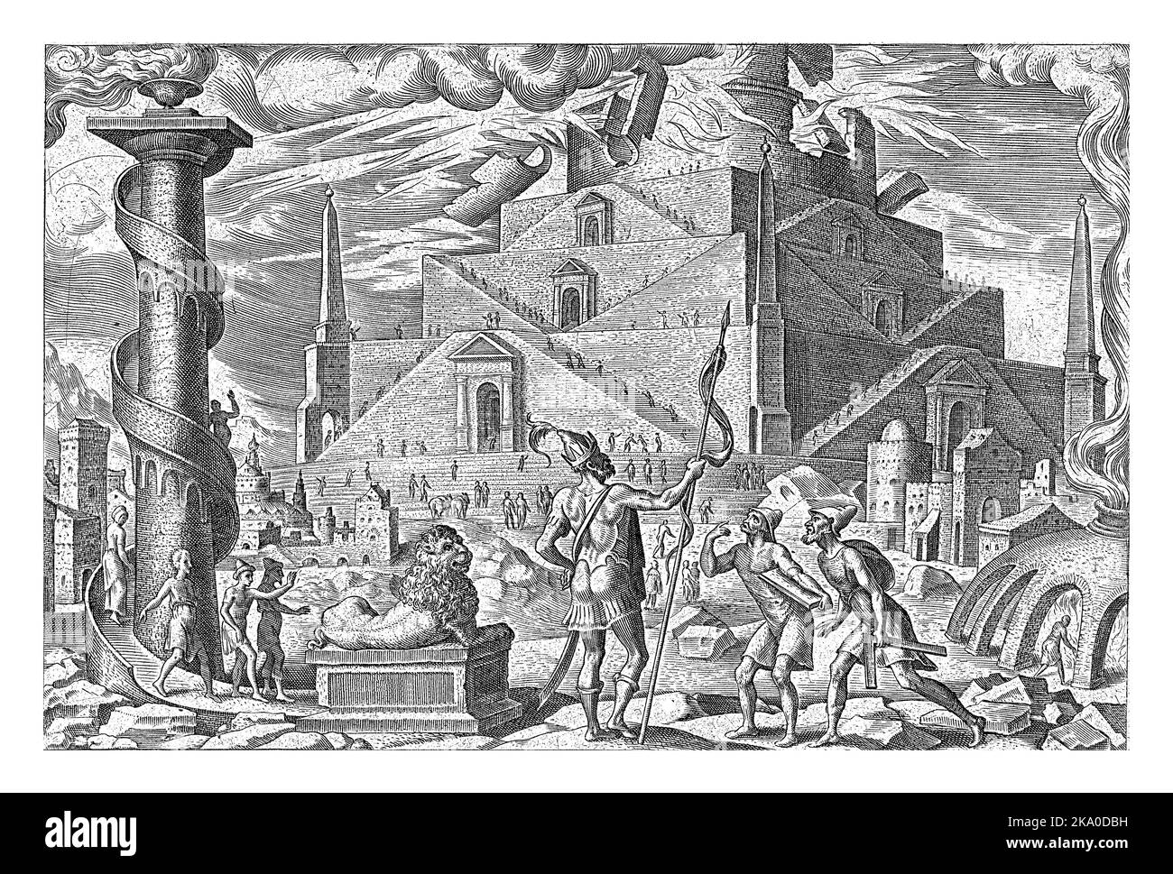 The Tower of Babel is being built. At the front left is a column with a ...