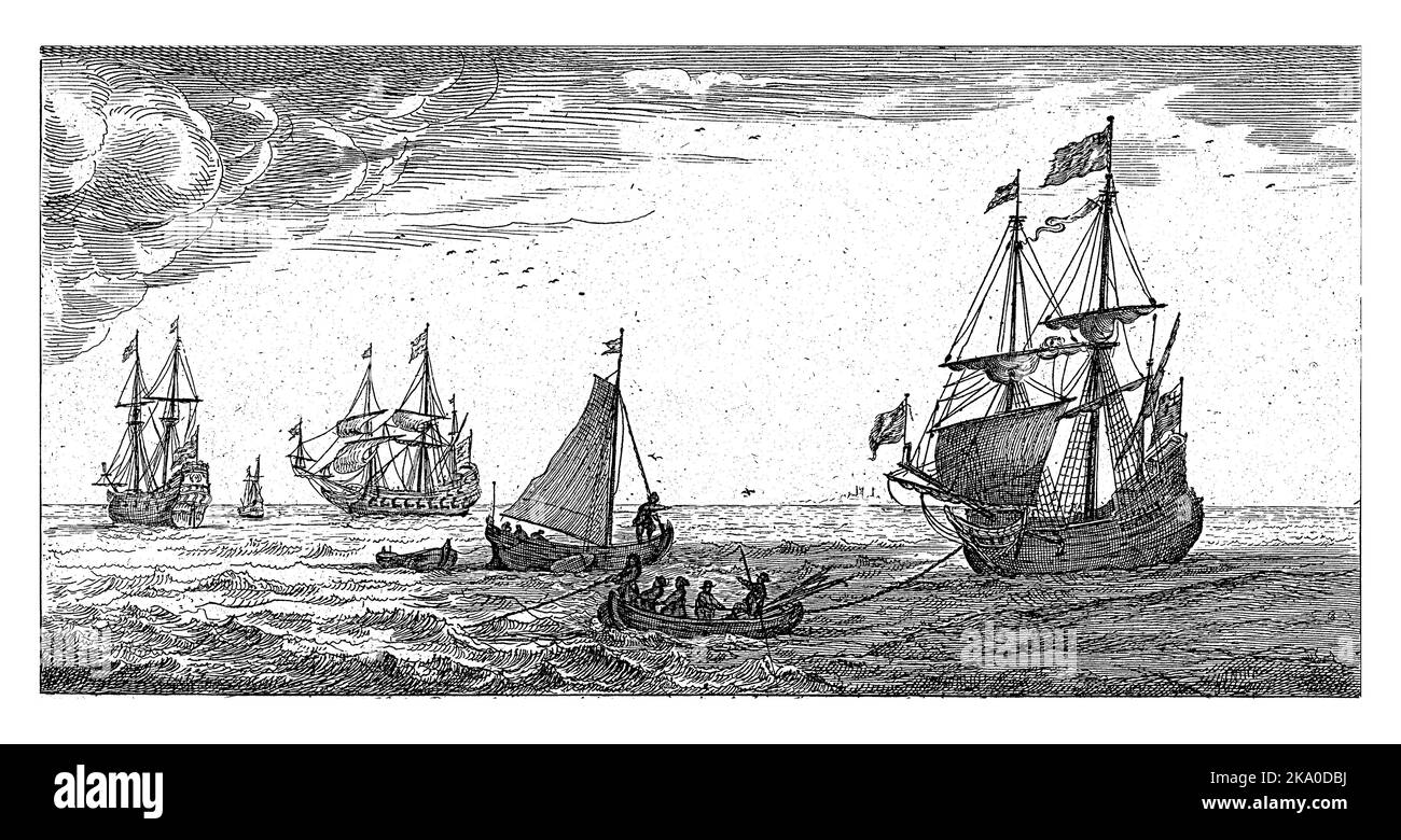 Some ships at sea. One of the sailors of a sailing ship points to the ...