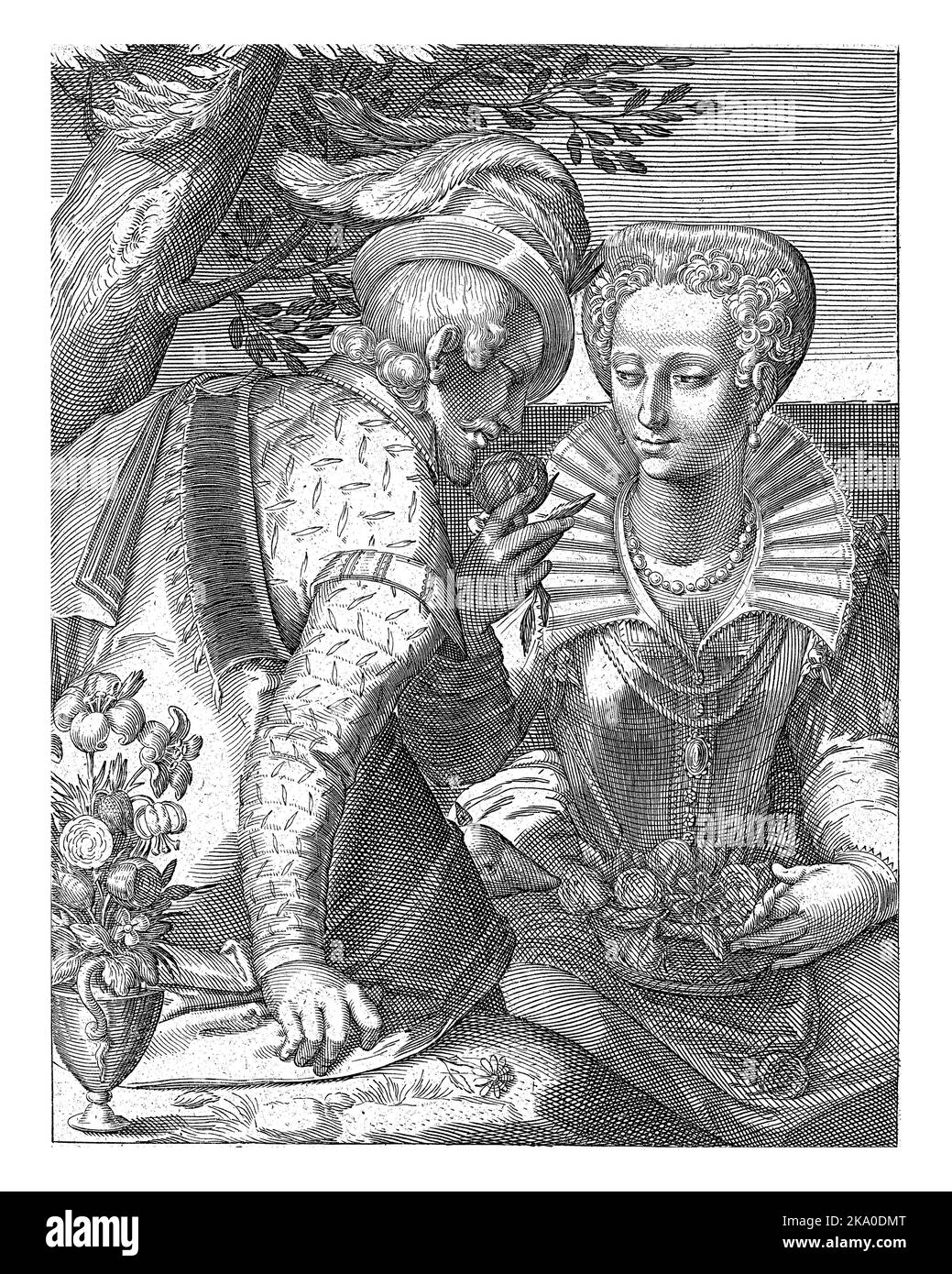 A woman lets a man sniff a rose she picked from a bouquet in her lap ...