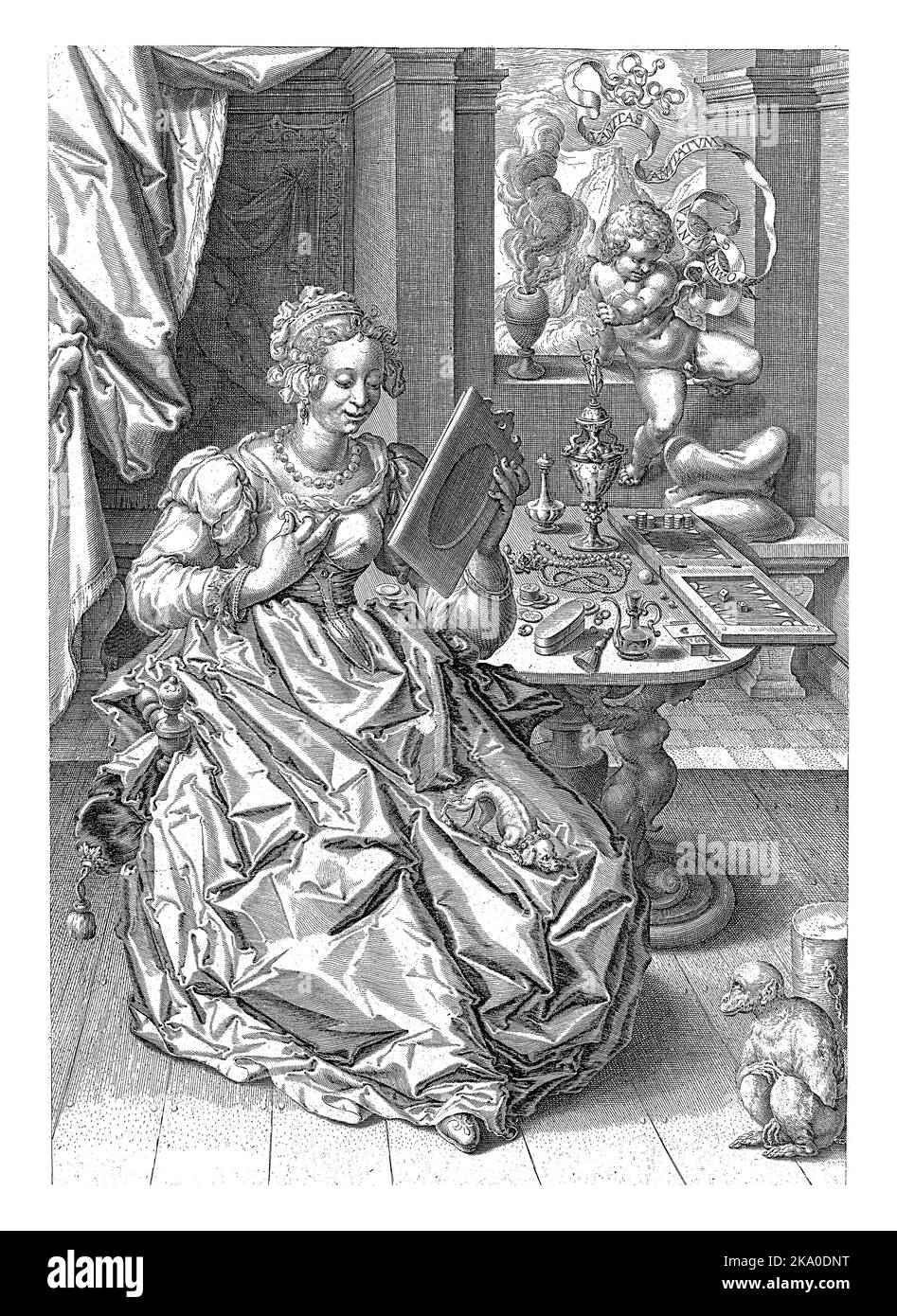 Vanitas depiction in the form of a woman, wrapped in precious clothes ...