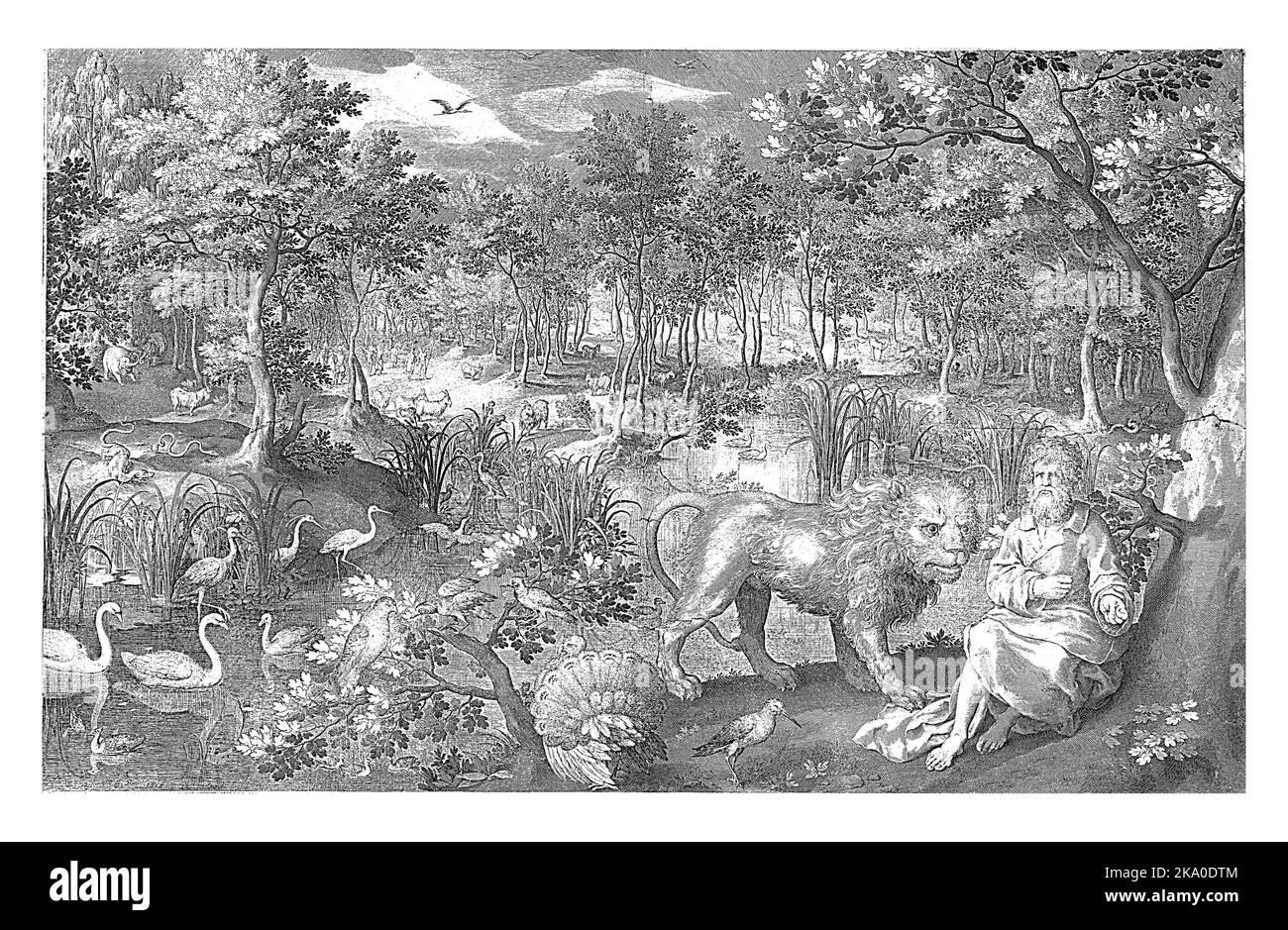 The prophet Jeremiah in the wilderness. Around him various wild animals ...