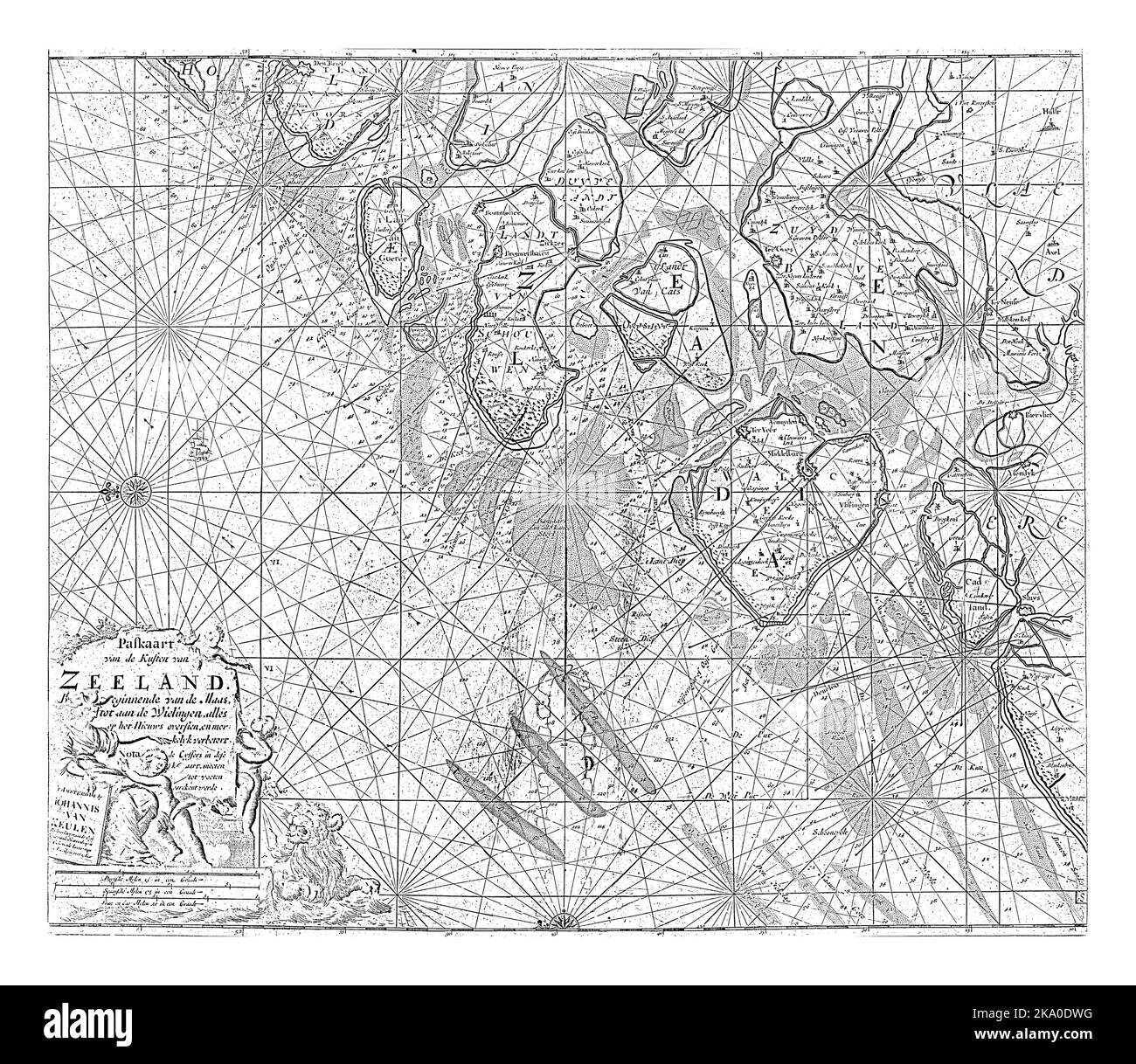Map of the Zeeland Islands and part of the North Sea, with two compass ...