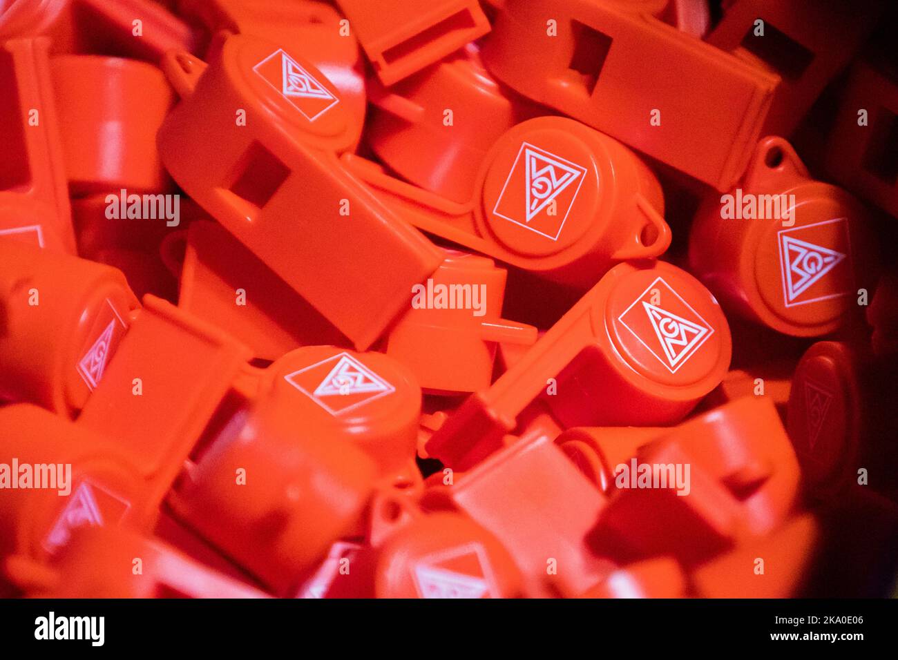 Berlin, Germany. 31st Oct, 2022. IG Metall pipes lie in a box during a ...
