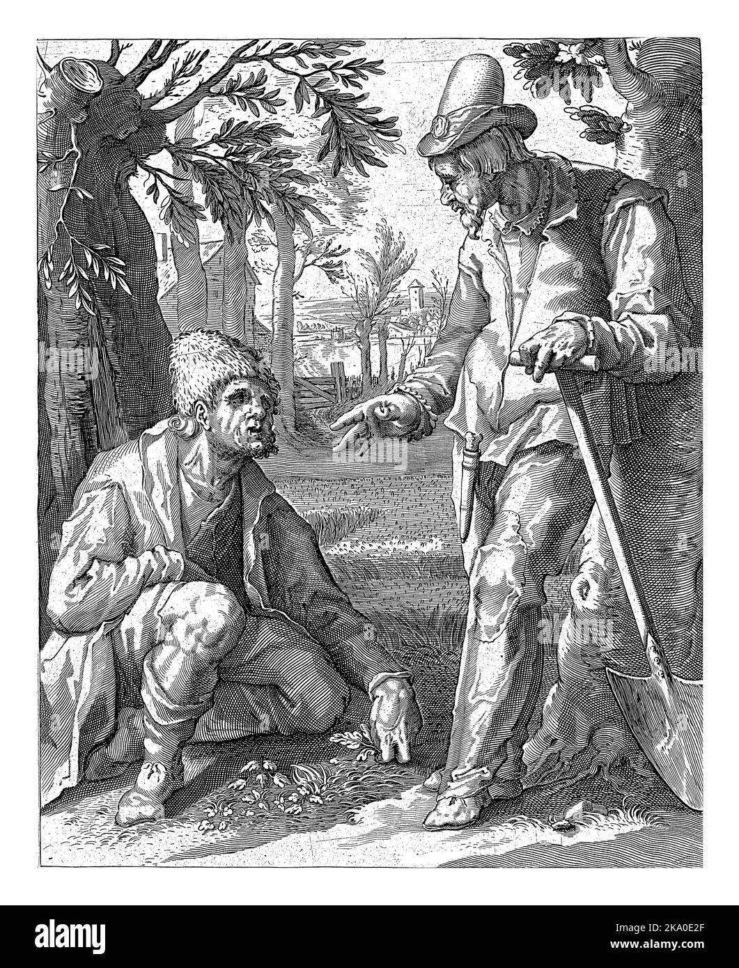 Two farmers facing each other in a garden. The man on the right is ...