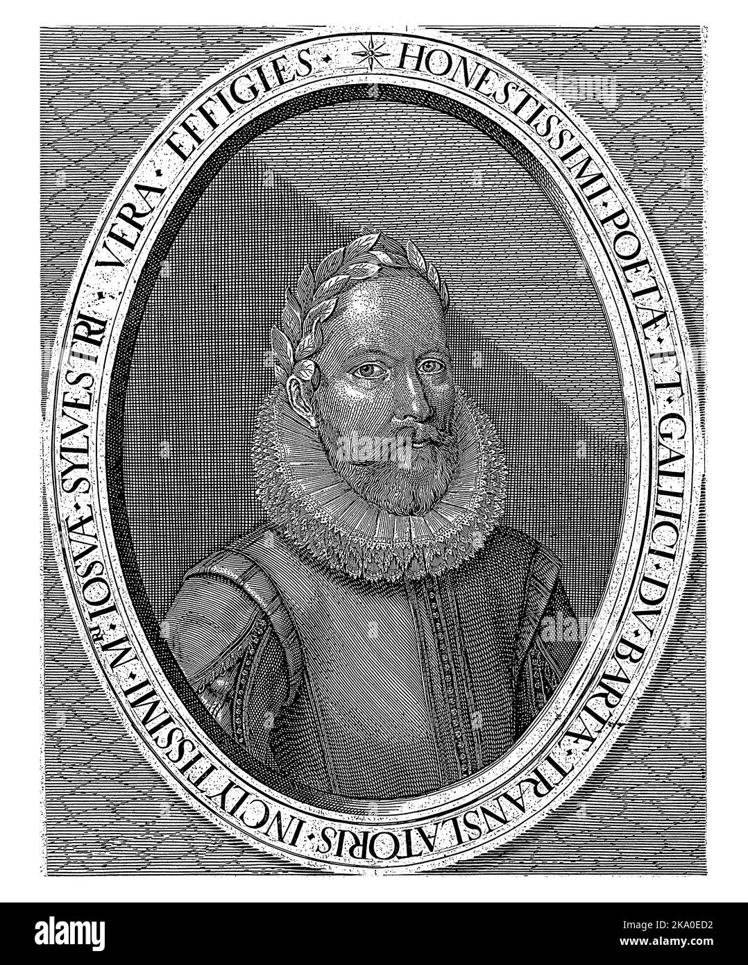 Portrait of poet Joshua Sylvester, bust with laurel wreath on his head ...