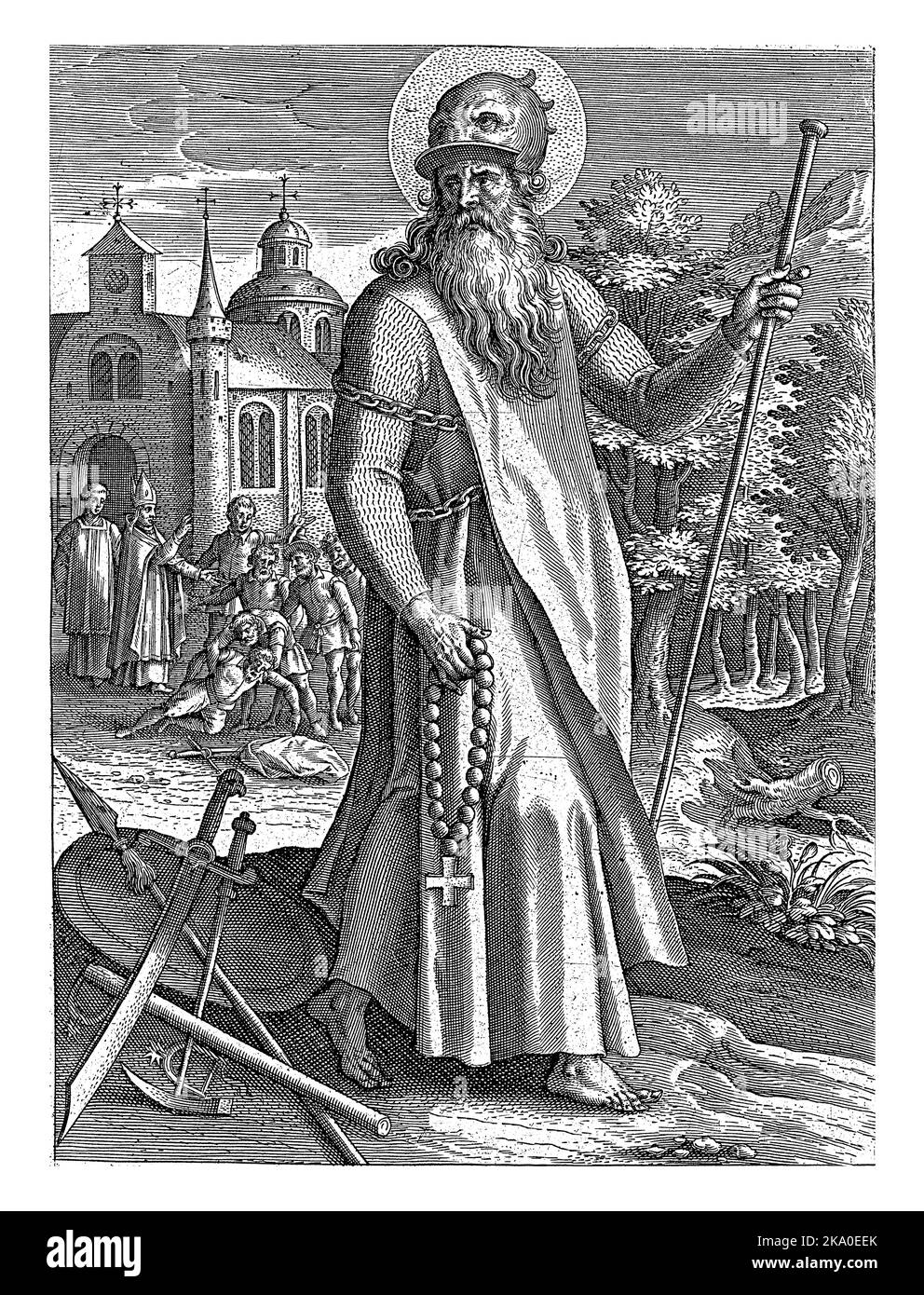 Saint William of Aquitaine. He wears a suit of armor. In the background ...