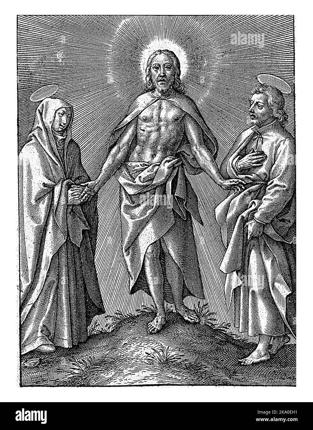 The resurrected Christ stands on a knoll, showing his wounds on the ...