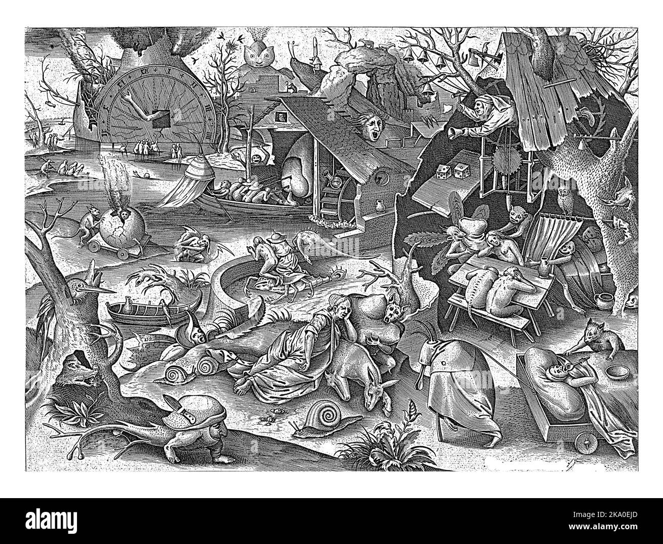 Female personification of Laziness, sleeping, leaning against a donkey ...