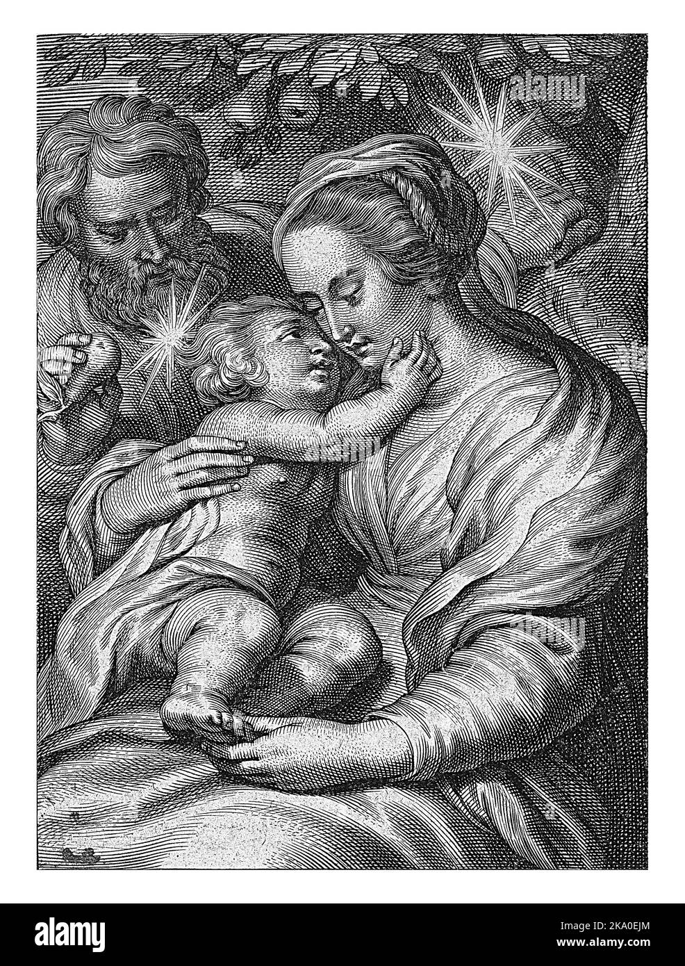 Mary with the Child on her lap. Joseph holds a pear in his hand. Below ...