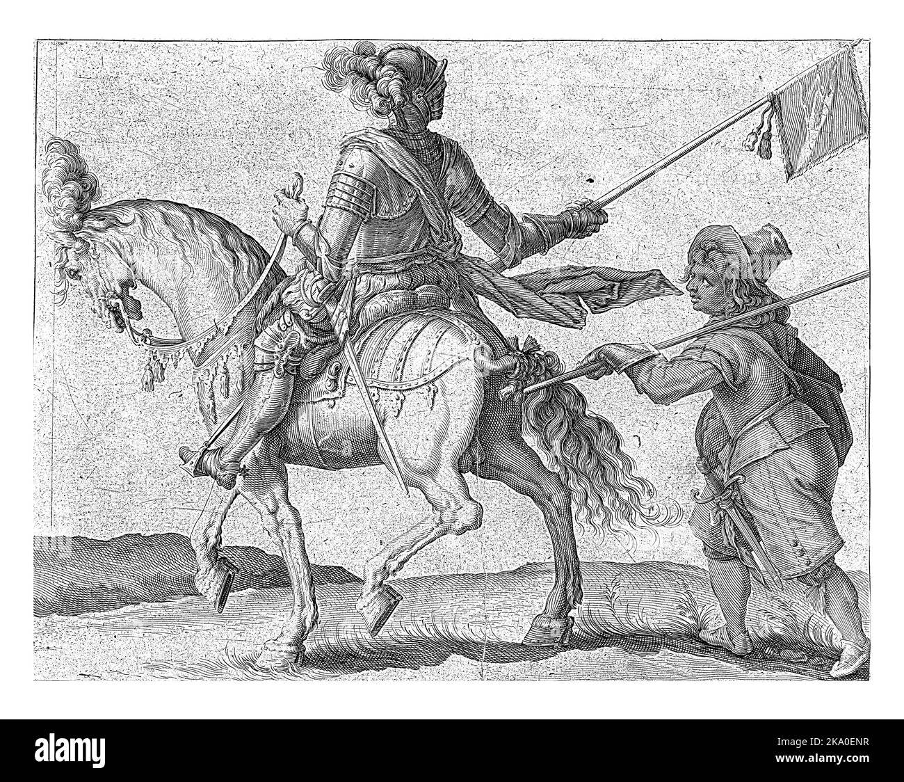 A man in armor on horseback, riding to the left, with a banner (rider's ...