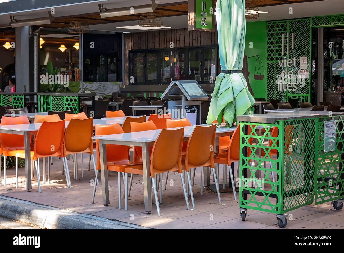 Brisbane, Queensland, Australia - August 2022: Empty tables and chairs ...