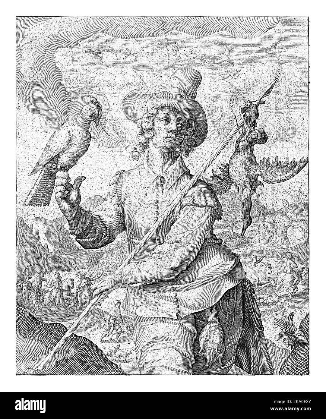 Depiction of the element of air in the form of a young falconer with a ...