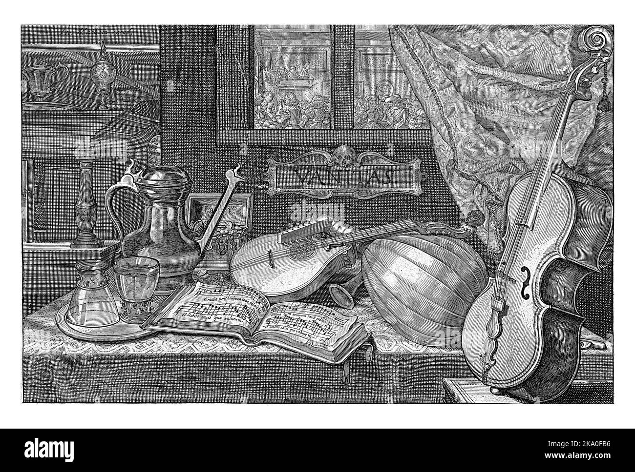 Vanitas still life with musical instruments, Theodor Matham, 1622 Table ...