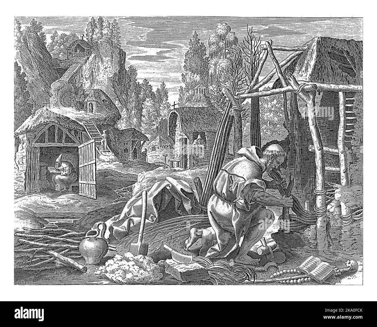 In the foreground a hermit making a hut in the desert of Nitra. Other ...