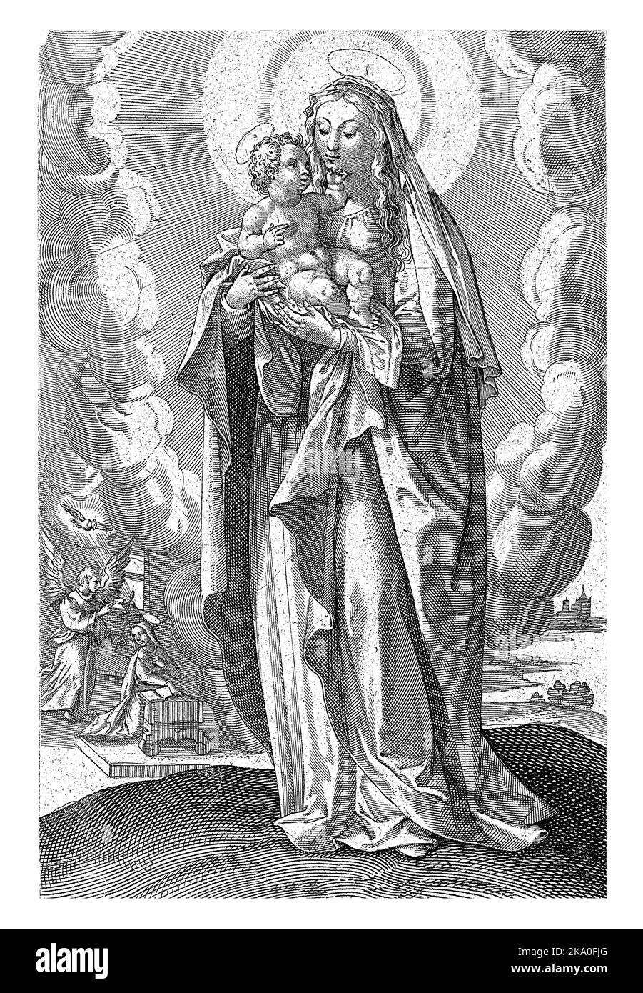 In the foreground the Virgin Mary with the Christ child. In the ...